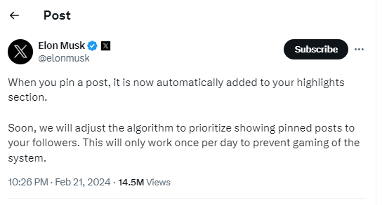 Elon Musk announces new 'pinned post' visibility feature on X, says ...