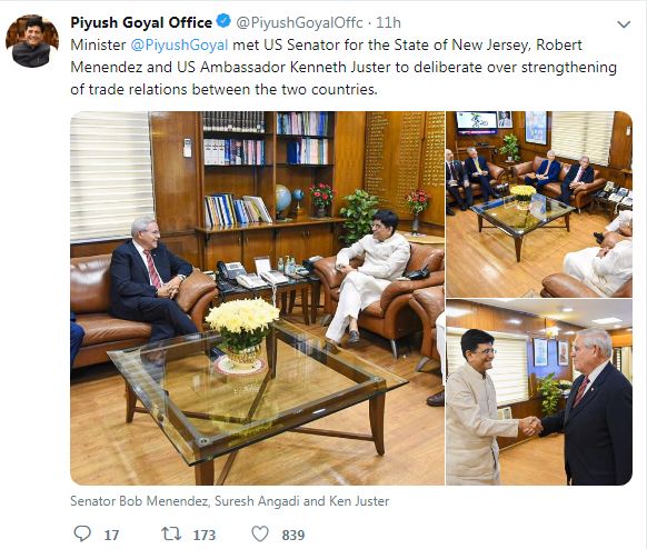 Piyush Goyal meets US Senator Bob Menendez