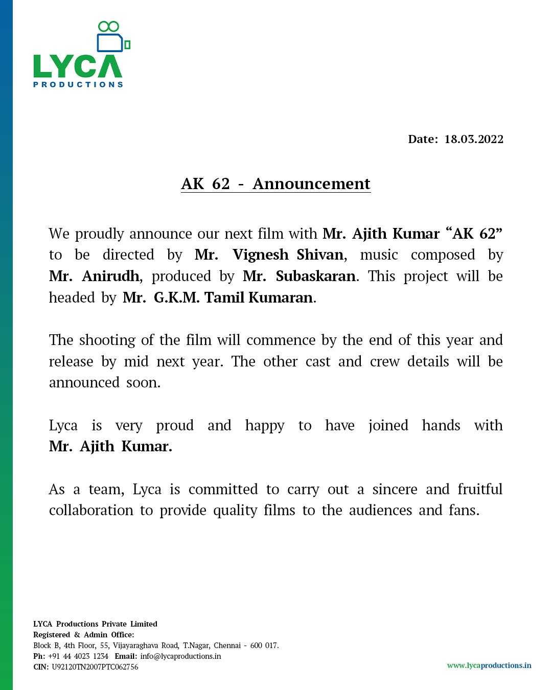 Ajith Kumar, Vignesh Shivan to collaborate on 'AK 62'